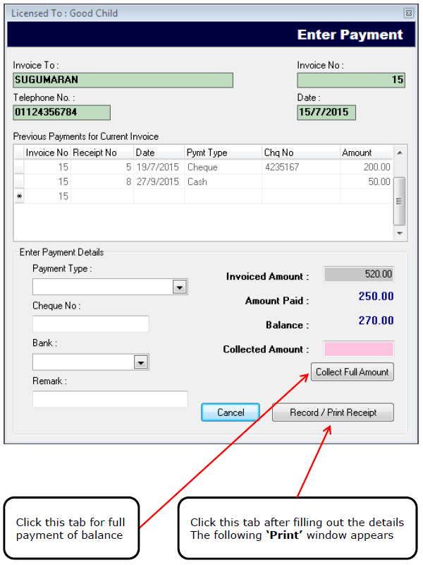 Enter Payment / Print Receipt